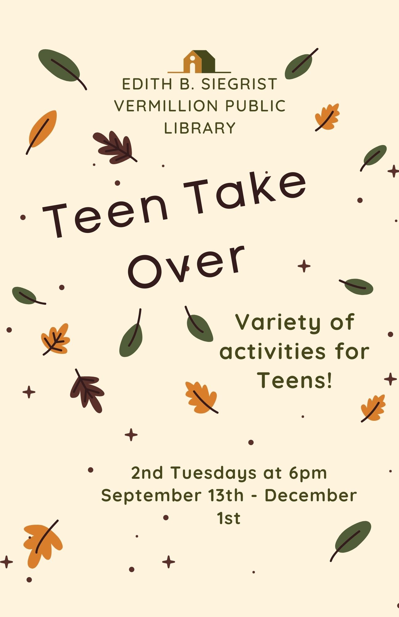 2021 Fall Teen Take Over Flyer – Edith B. Siegrist Vermillion Public ...